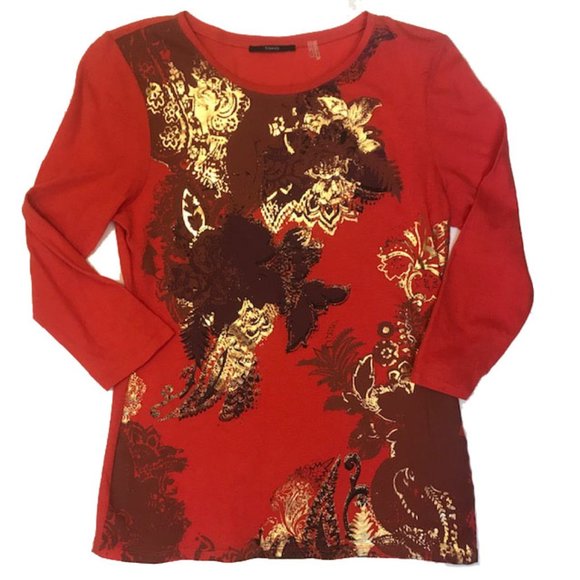 Tahari | Tops | Tahari Cotton Top With Metallic Gold Design Size S ...
